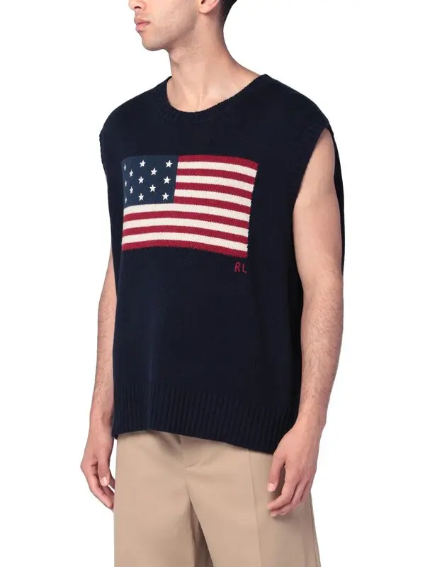 Polo Ralph Lauren Navy Wool Cotton Blend Flag Knit Vest - Blue