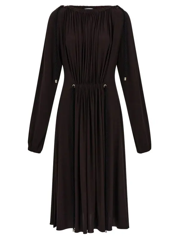 FERRAGAMO Long Sleeve Gathered Viscose Dress - Brown