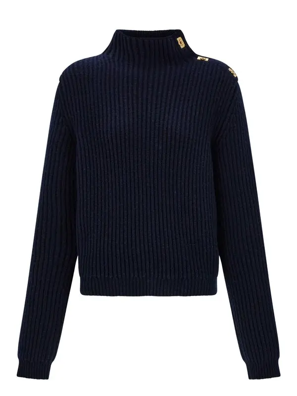 FERRAGAMO Knitted Sweater With Gancini Button Detail - Blue