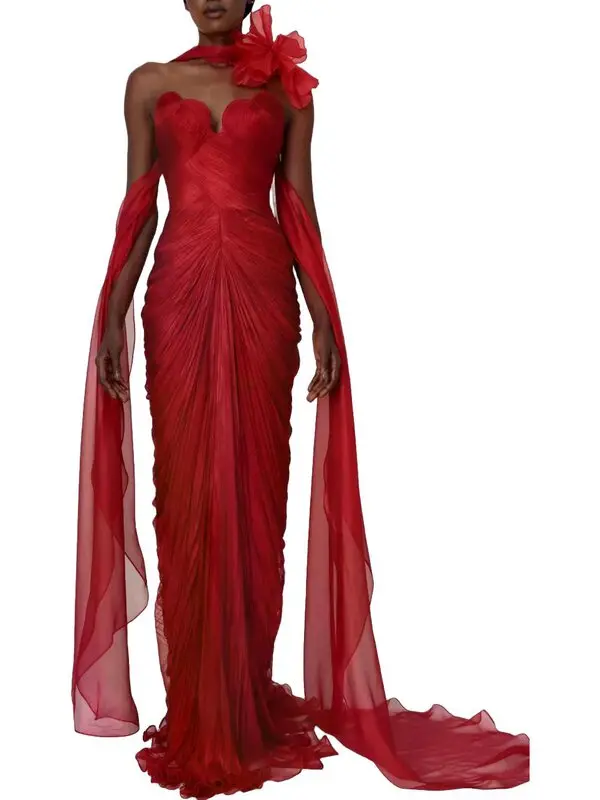 IRIS SERBAN Ruched Floral Appliqué Maxi Gown - Red