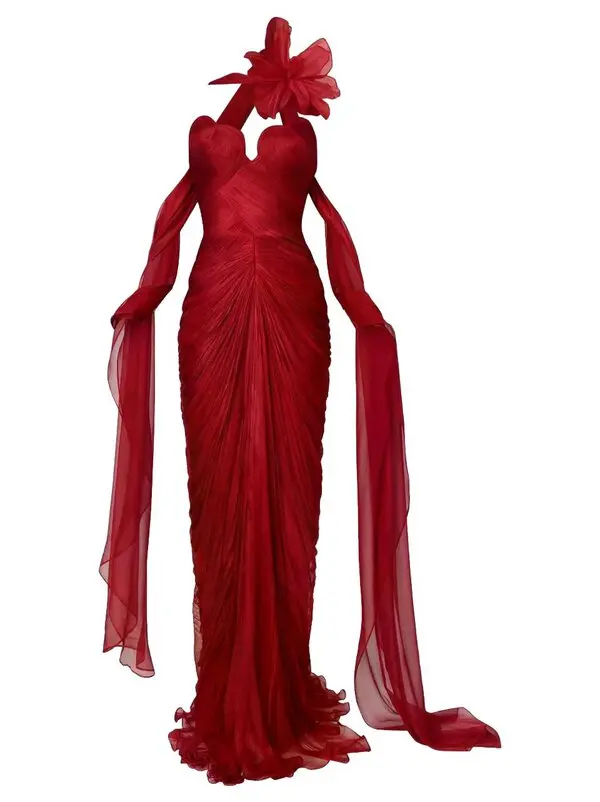 IRIS SERBAN Ruched Floral Appliqué Maxi Gown - Red