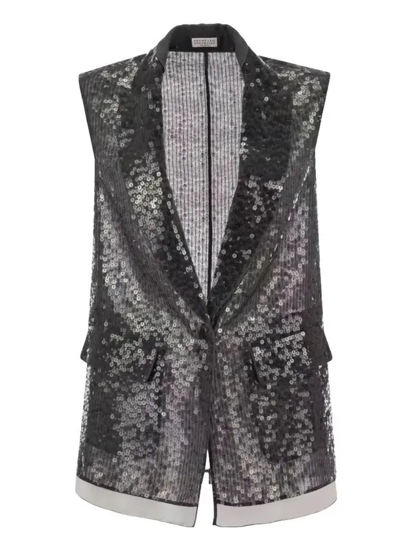 Brunello Cucinelli Sequin Embellished Silk Gilet - Silver
