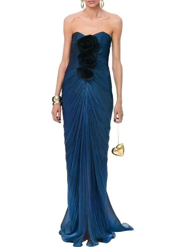 ANA RADU Strapless Floral Appliqué Maxi Dress - Blue