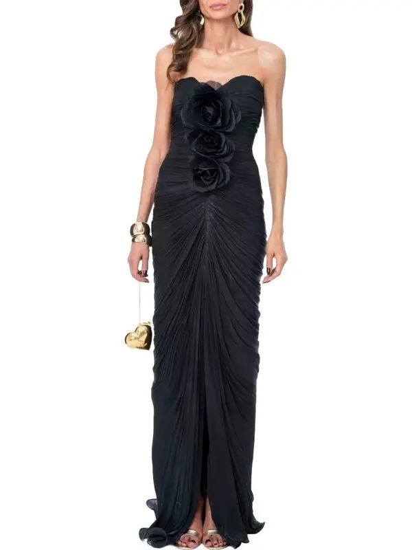ANA RADU Strapless Sweetheart Maxi Dress With Floral Appliqu - Black