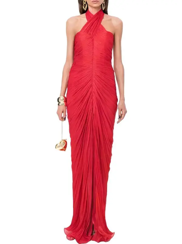 ANA RADU Ruched Halterneck Maxi Gown - Red