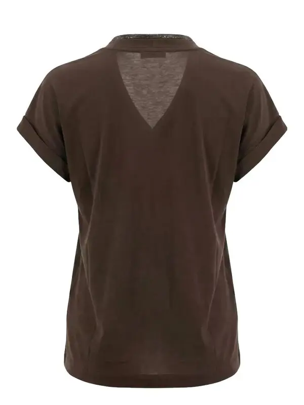 Brunello Cucinelli Monili-trimmed V-neck T-shirt - Brown