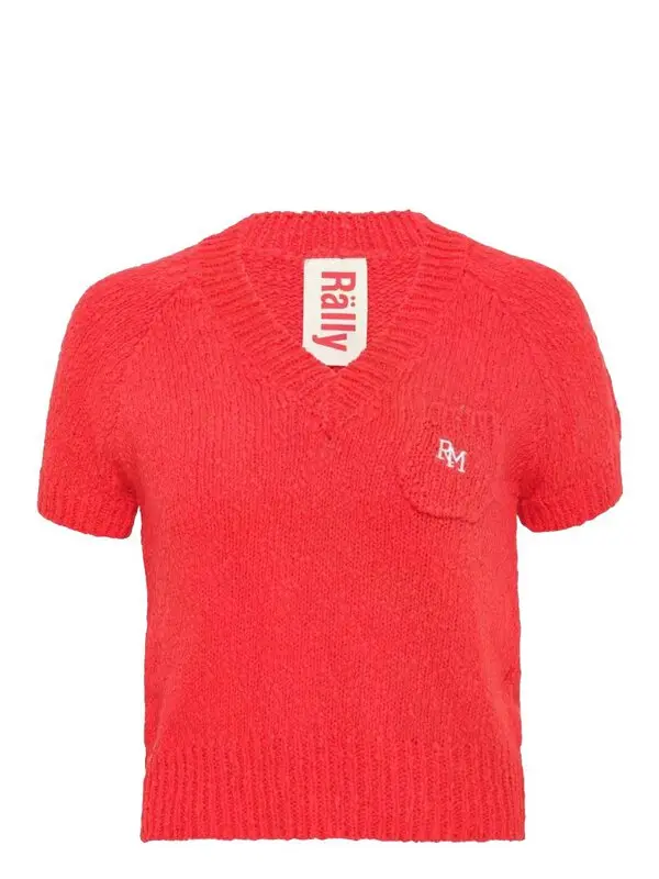 Rally Movement Textured Knit V-neck Sweater With Embroidered Logo - Red