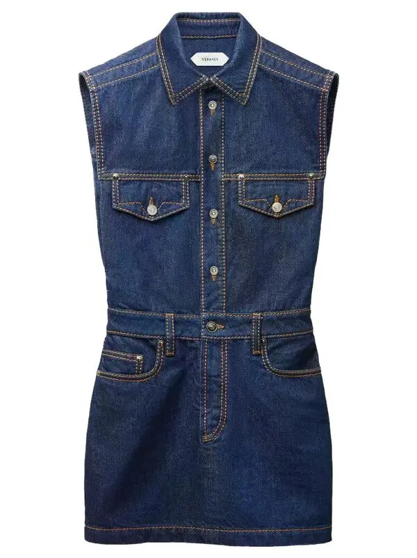 Versace Sleeveless Denim Mini Dress With Embroidered Logo - Blue
