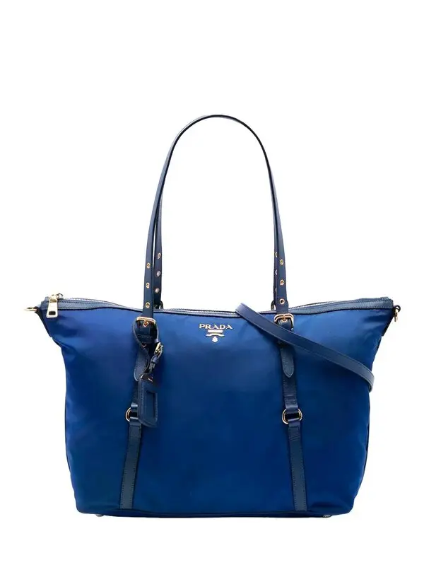 Prada Saffiano Trimmed Nylon Zip Top Convertible Tote - Blue