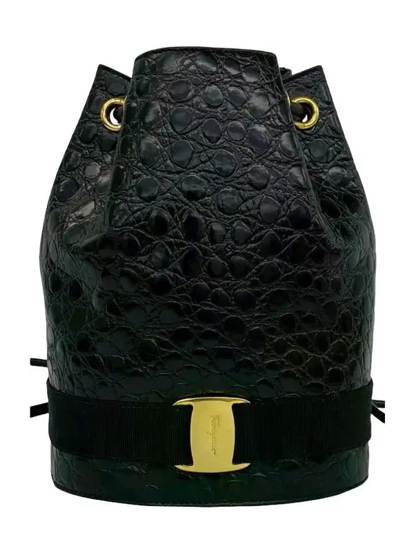 FERRAGAMO Embossed Leather Vara Drawstring Backpack - Black