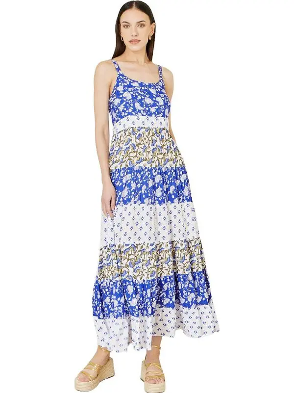 YUMI Patchwork Print Tiered Maxi Dress - Blue