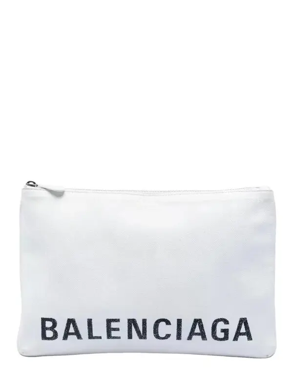 Balenciaga Leather Ville Logo Zip Pouch Clutch Bag - White