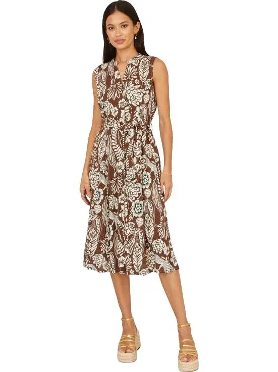 YUMI Leaf Print Shirt Dress - Brown