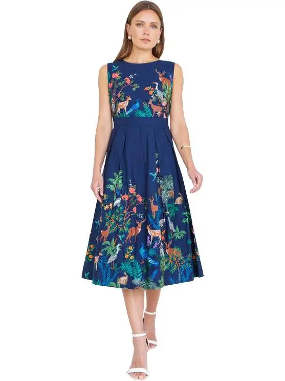 YUMI Animal Print Cotton Midi Skater Dress - Navy
