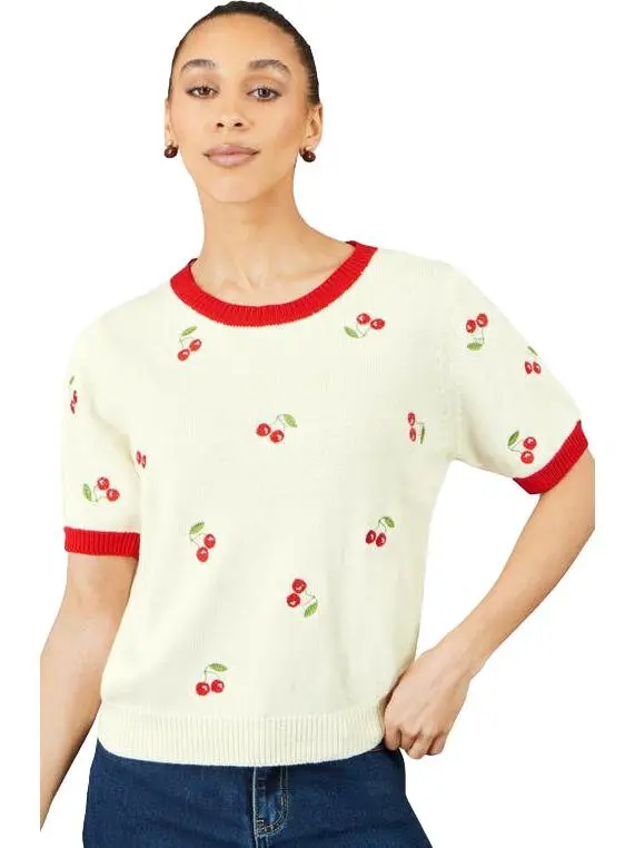 YUMI 100% Cotton Cherry Motif Knit Top - Ivory