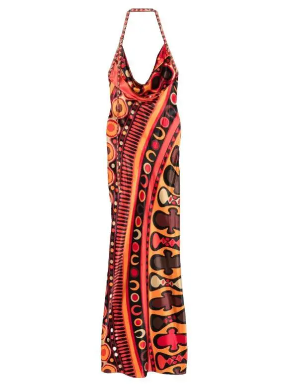 Emilio Pucci Halterneck Printed Dress With Draped Neckline And Open Back - Red