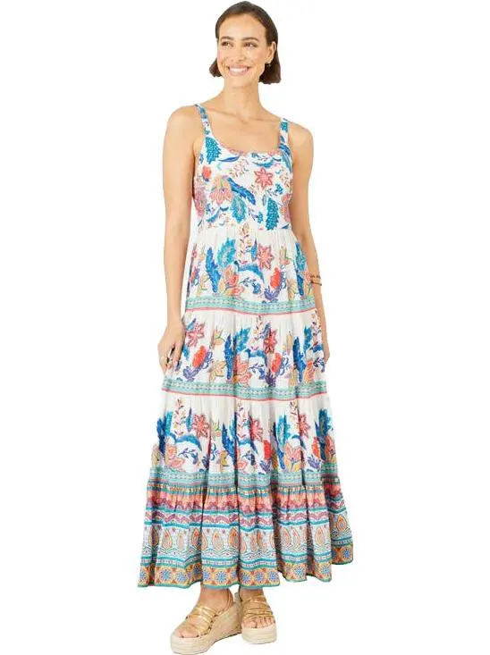 YUMI Floral Block Print Tiered Maxi Sun Dress - Blue
