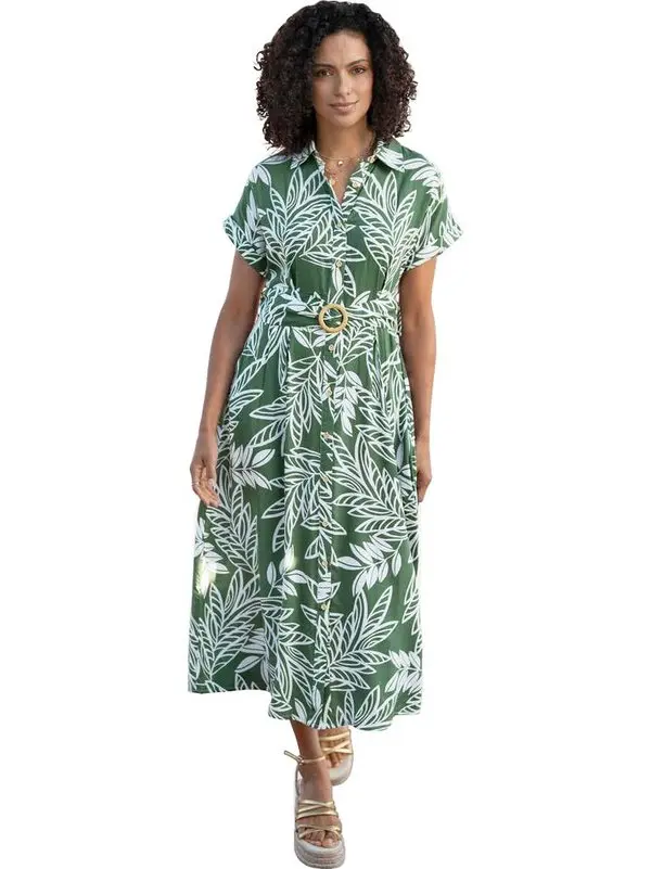YUMI Leaf Print Midi Shirt Dress - Green