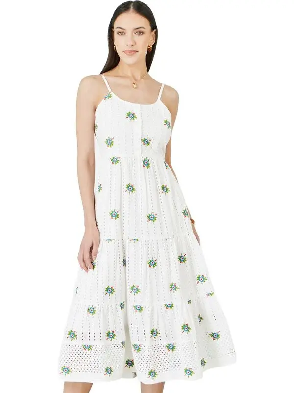 YUMI Embroidered Broderie Midi Sun Dress - White