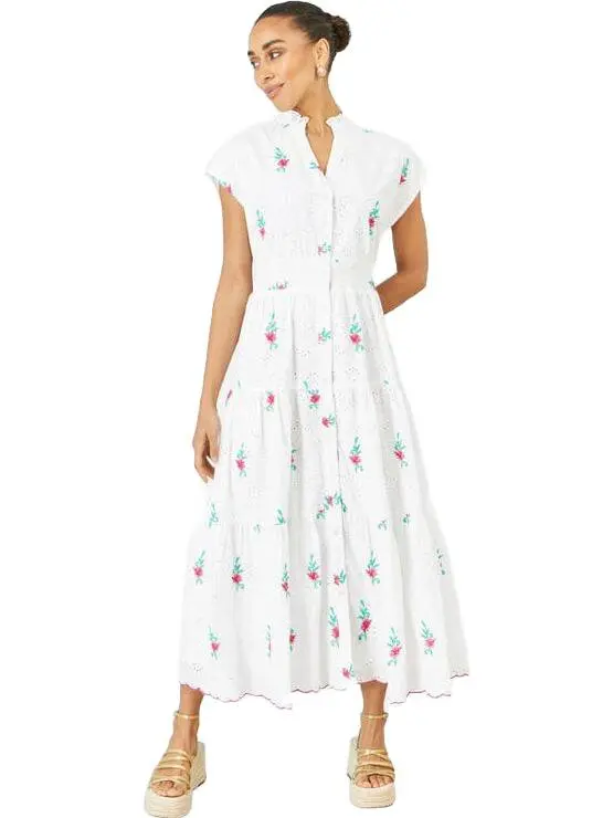 YUMI Broderie Anglaise Embroidered Midi Dress - White