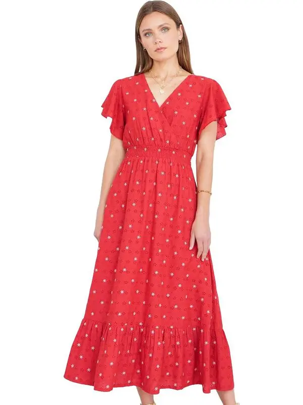 YUMI Broderie Anglaise Wrap Midi Dress - Red