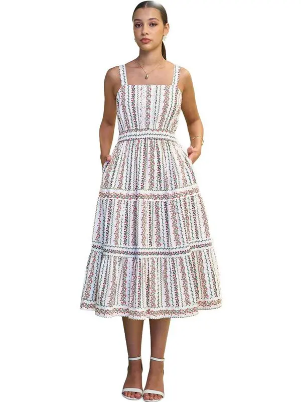 YUMI Botanical Stripe Lace Trim Midi Dress - White