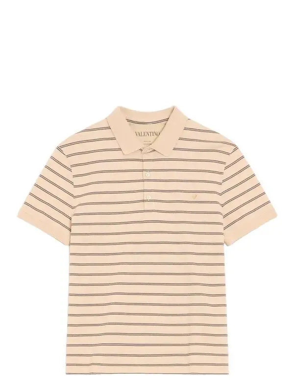 Valentino Garavani Cotton Pique Polo Shirt With Vgold Stripes - Beige/navy