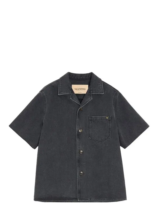 Valentino Garavani Denim Bowling Shirt With Vgold - Black