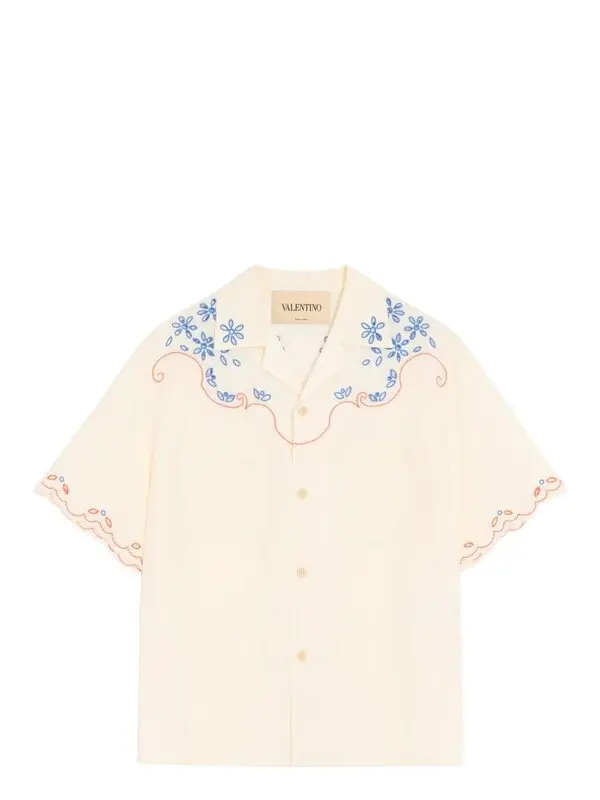 Valentino Garavani Linen Bowling Shirt In San Gallo With Vlogo Embroidery - Latte