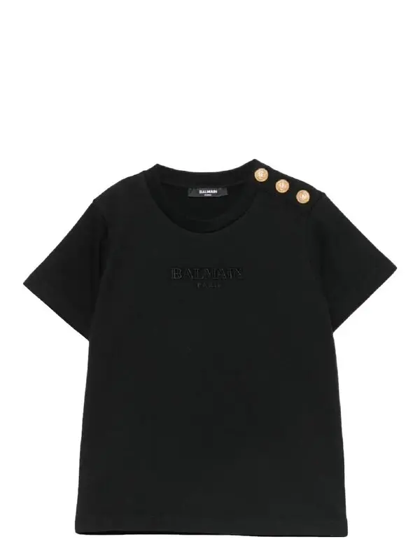 Balmain Logo Embroidered Button Detail T-shirt - Black