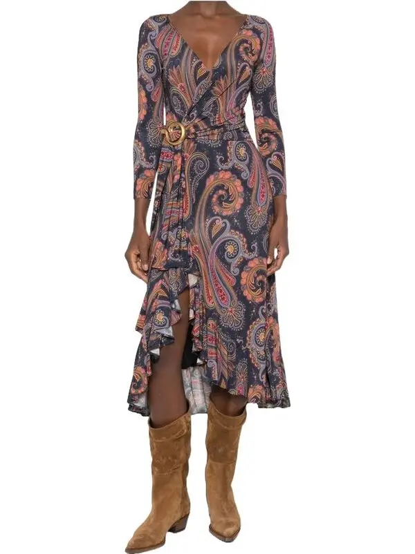 Etro Paisley-print Midi Dress With Asymmetrical Hem - Black