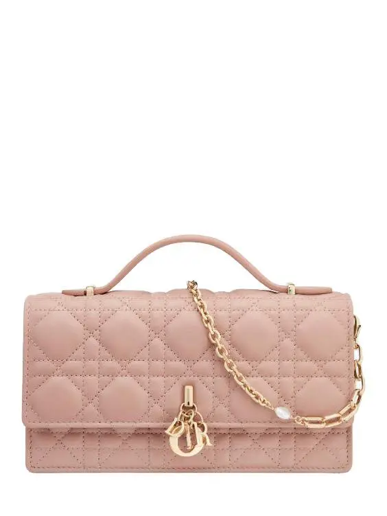 Dior Lady Top Handle Clutch In Rose Des Vents Cannage Lambskin - Nude