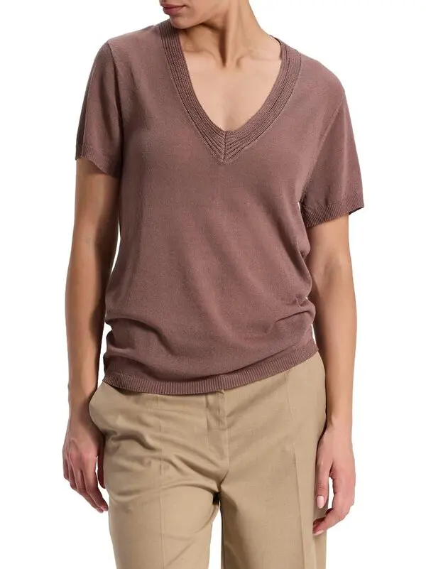Ronen Chen Knit V-neck Top - Light Brown