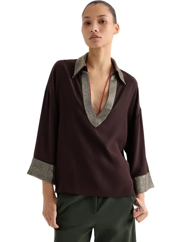 TWP Crepe Back Satin V-neck Tunic With Hand-beaded Trim - Chocolate