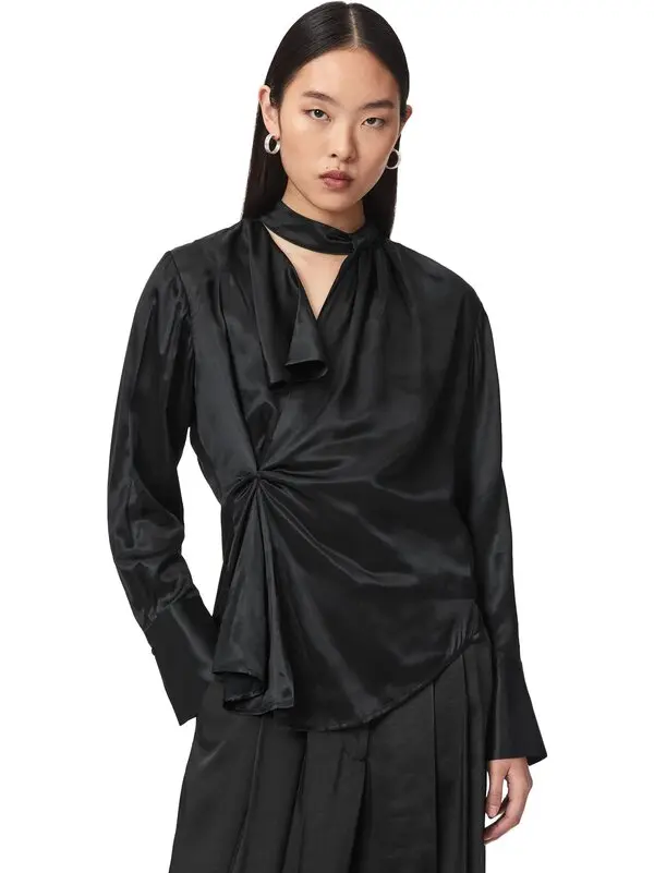 ALLSAINTS Zellie Silk Blend Pleated Top - Black