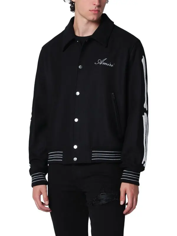 Amiri Wool Blend Jacket With Embroidered Bone Details And Logo - Black