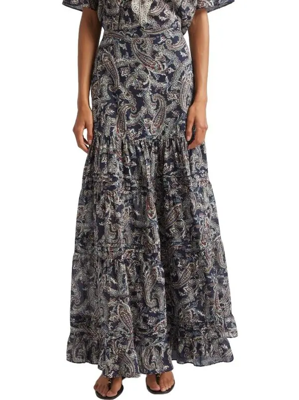 Veronica Beard Heatheralyn Paisley Tiered Cotton Skirt - Navy Multi