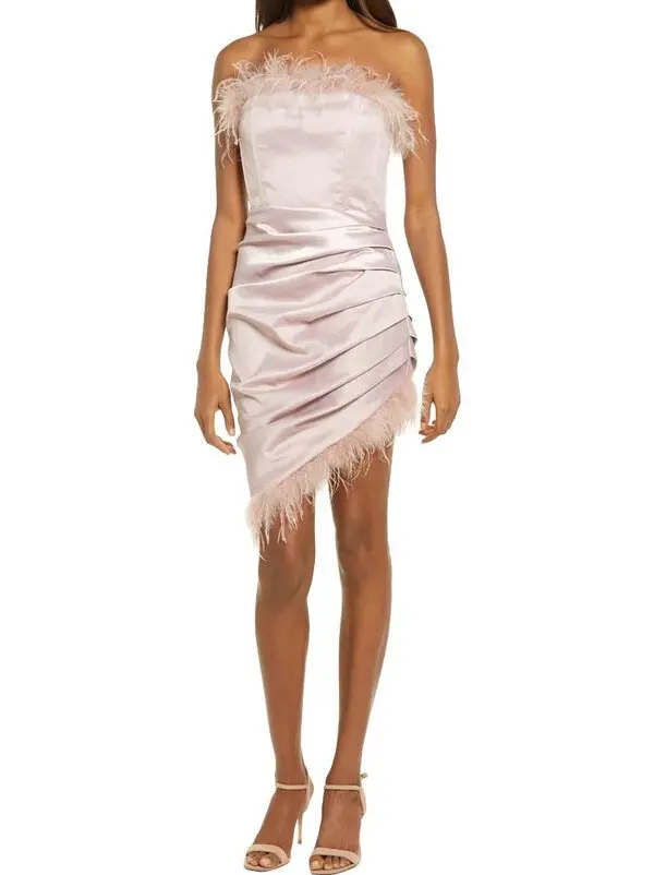 LAVISH ALICE Feather Detail Strapless Satin Dress - Rose