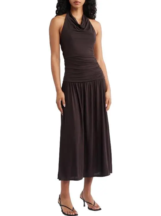 Mango Osana Ruched Drop Waist Halter Midi Dress - Brown