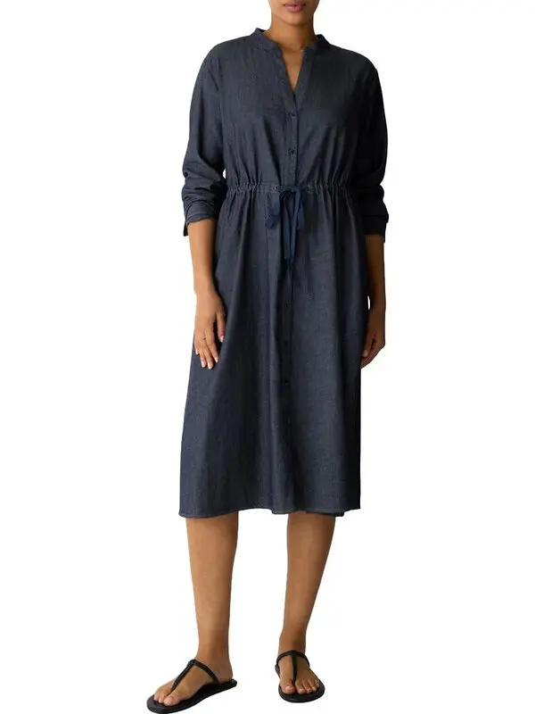 Eileen Fisher Organic Cotton Midi Shirtdress With Drawstring Waist - Denim