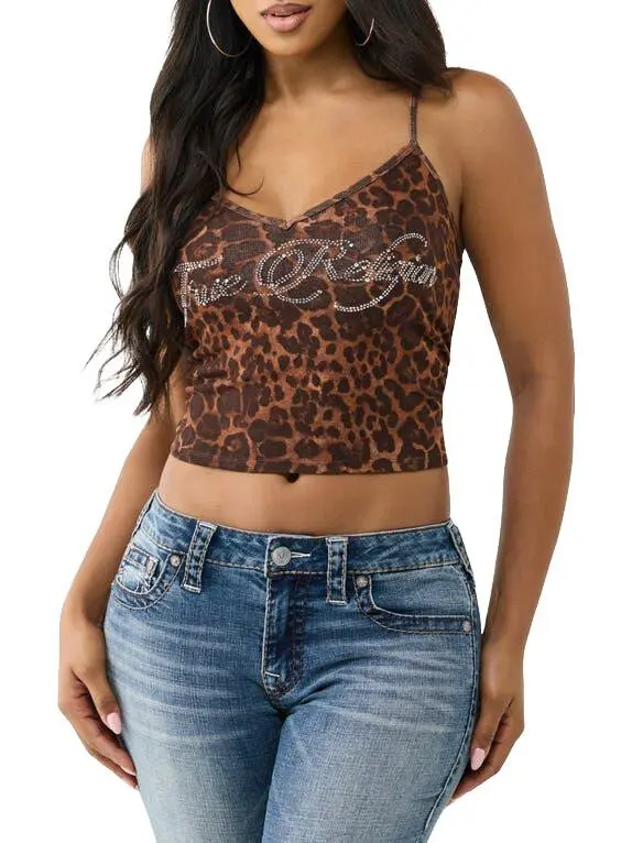 True Religion Crystal Logo Print Cropped Camisole Tank - Leopard