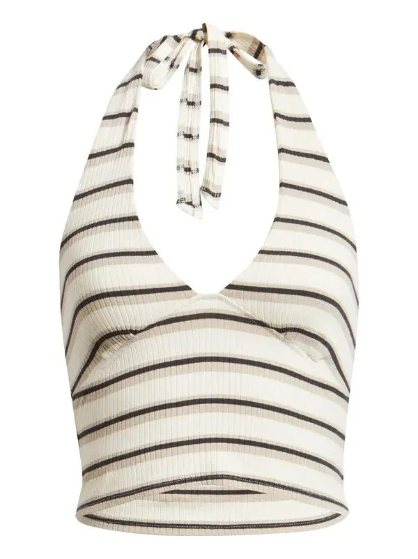 Rip Curl Ribbed Halter Neck Striped Crop Top - Bone