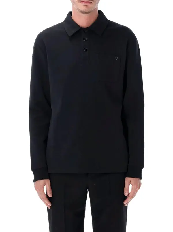 Valentino Garavani Slim Fit Long-sleeved Cotton Polo With Vlogo Signature - Black