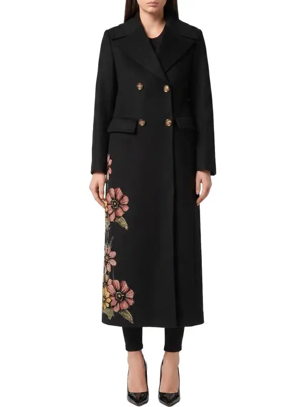 Philipp Plein Double-breasted Wool And Cashmere Coat With Fauna Embroidery And Rhinestones - Black