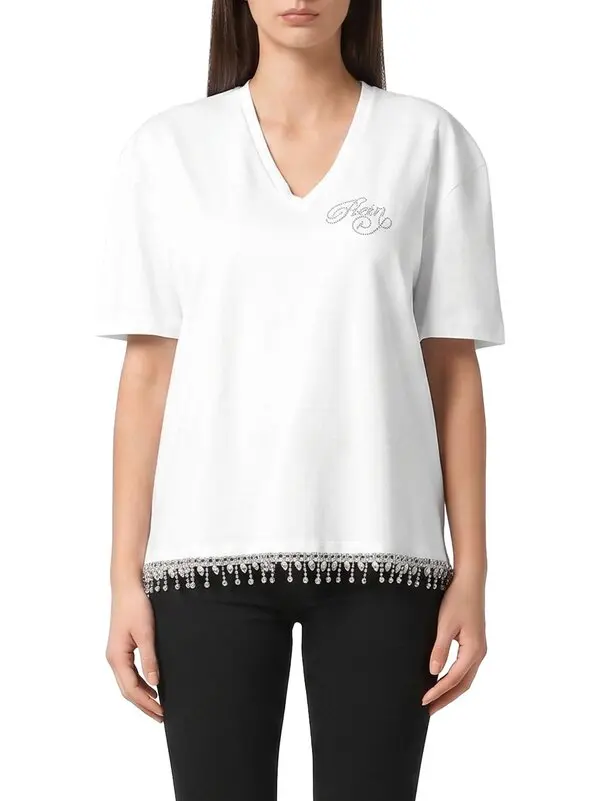 Philipp Plein Cotton T-shirt With Rhinestone Logo And Fringed Hem - White