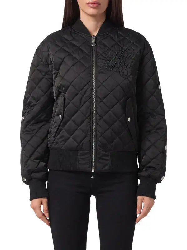 Philipp Plein Quilted Nylon Bomber Jacket With Zip Closure And Hexagon Logo - Black