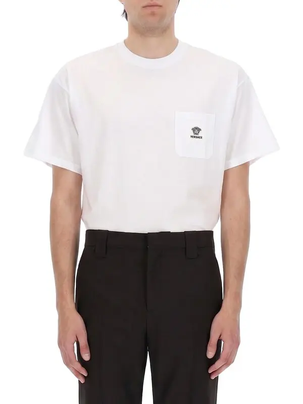 Versace Cotton Crew Neck T-shirt With Medusa Patch On Pocket - White