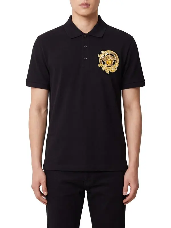 Versace Short-sleeved Cotton Polo Shirt With Contrast Medusa Logo - Black