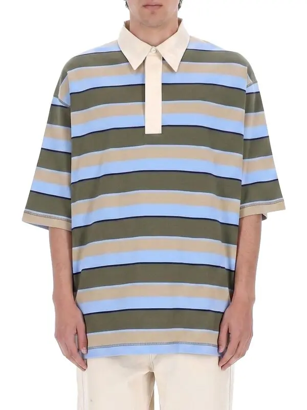AMI Paris Striped Relaxed Fit Cotton Polo Shirt With Concealed Placket And French Collar - Blue