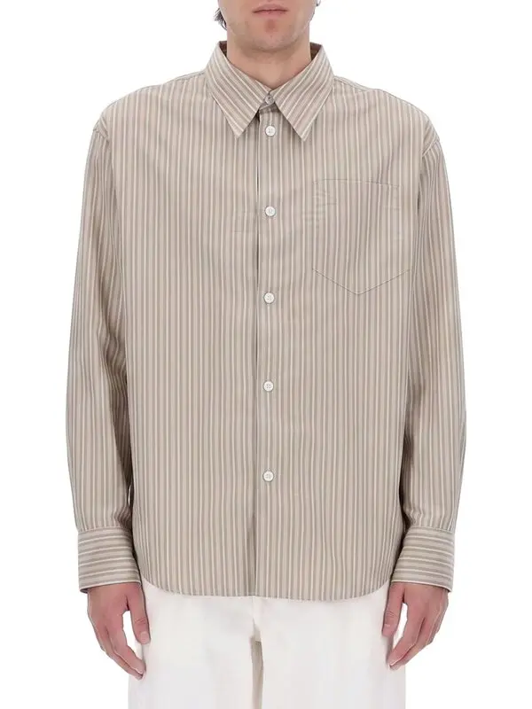 AMI Paris Striped Cotton Shirt With A Point Collar And Chest Patch Pocket - Beige